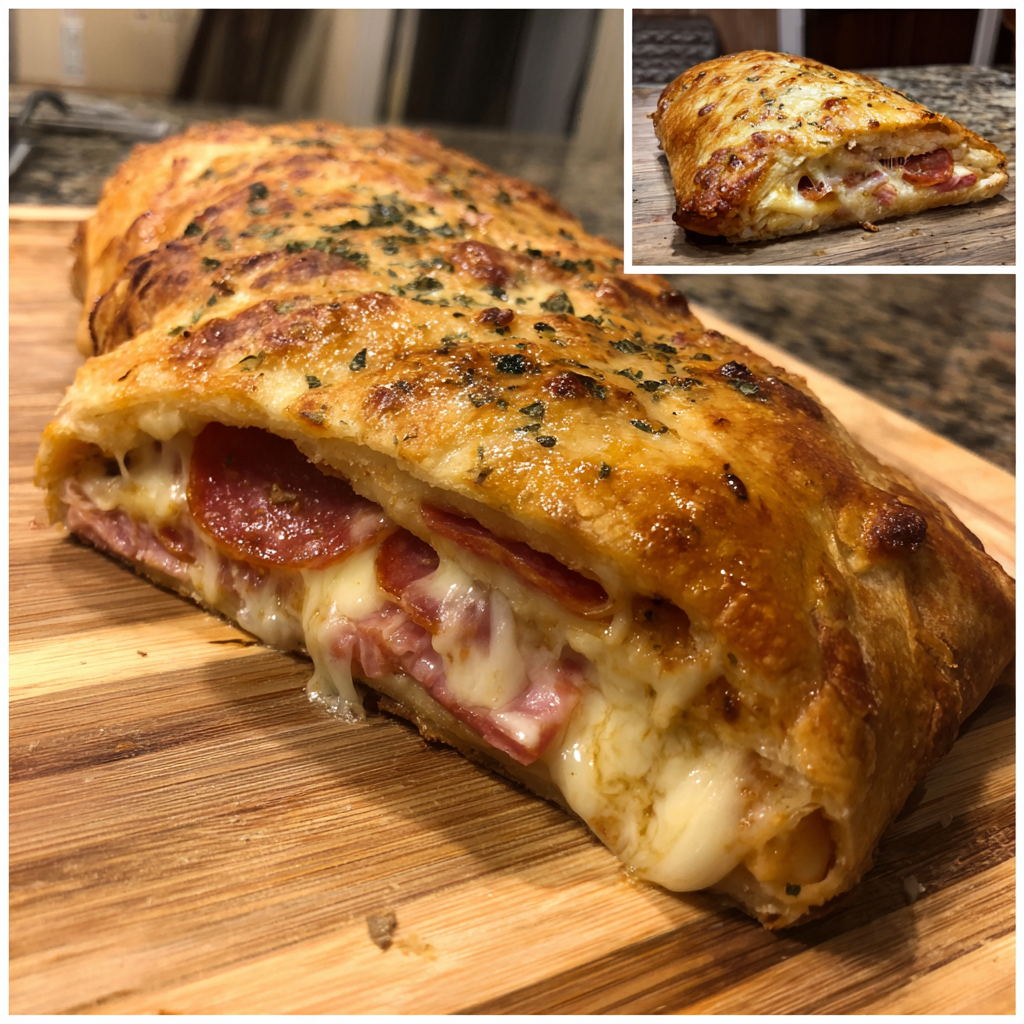 Mozzarella-Stuffed Stromboli with Pepperoni and Ham
