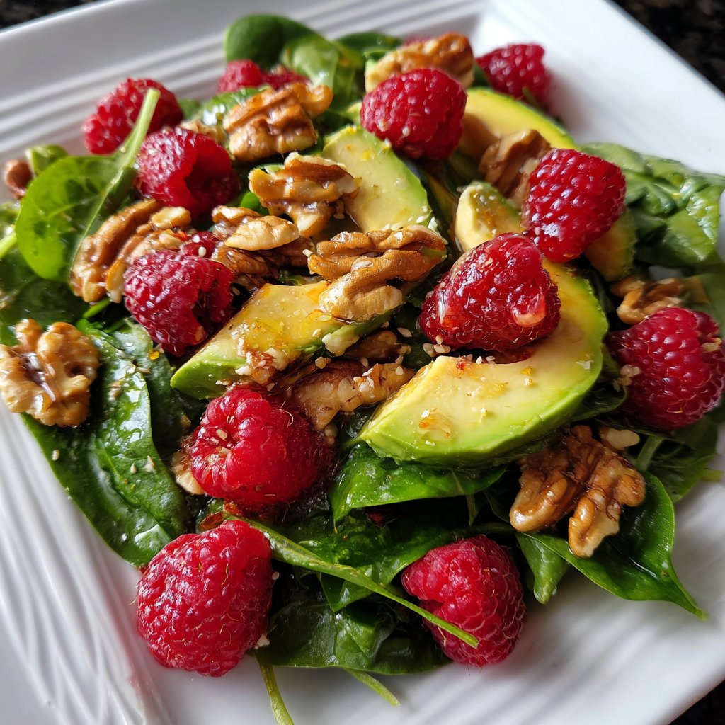 Raspberry-Spinach Salad with Avocado & Walnuts – Fresh & Flavorful Recipe